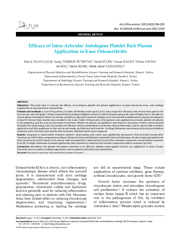 (PDF) Efficacy of Intra-Articular Autologous Platelet Rich Plasma Application in Knee Osteoarthritis