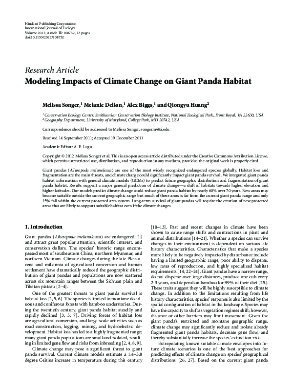 (PDF) Modeling Impacts of Climate Change on Giant Panda Habitat