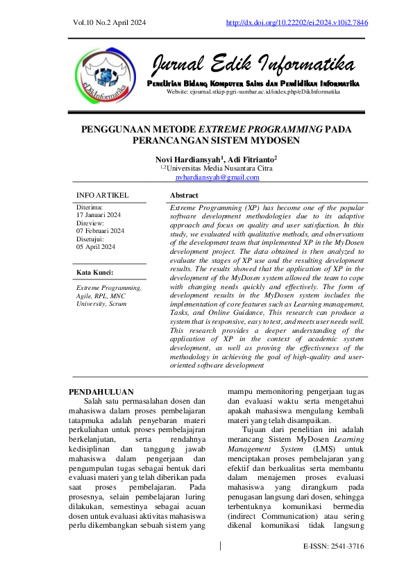 (PDF) PENGGUNAAN METODE EXTREME PROGRAMMINGPADA PERANCANGAN SISTEMMYDOSEN