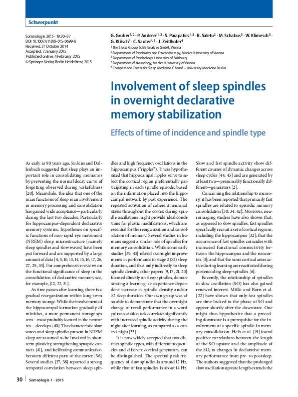 (PDF) Involvement of sleep spindles in overnight declarative memory ...