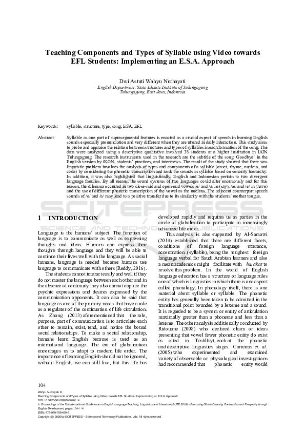 (PDF) Teaching Components and Types of Syllable using Video towards EFL Students: Implementing ...