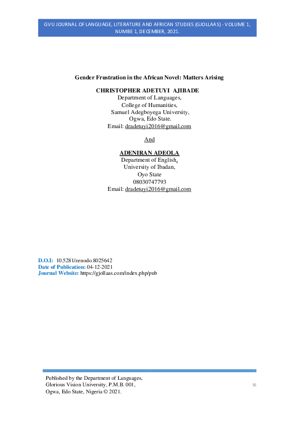 (PDF) Gender Frustration in the African Novel: Matters Arising