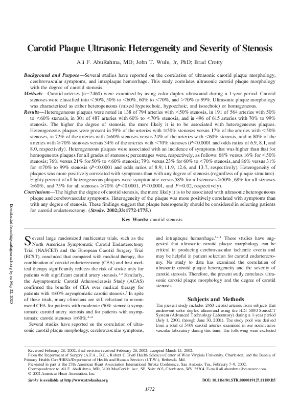(PDF) Carotid Plaque Ultrasonic Heterogeneity and Severity of Stenosis
