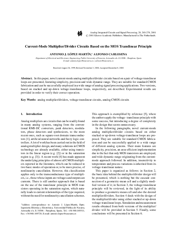 (PDF) Current-Mode Multiplier/Divider Circuits Based on the MOS ...