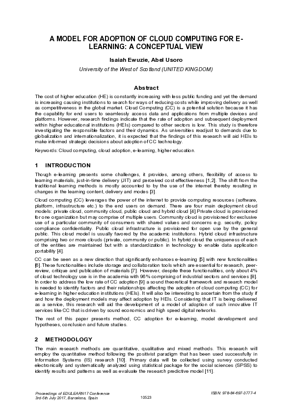 (PDF) A Model for Adoption of Cloud Computing for E-Learning: A Conceptual View