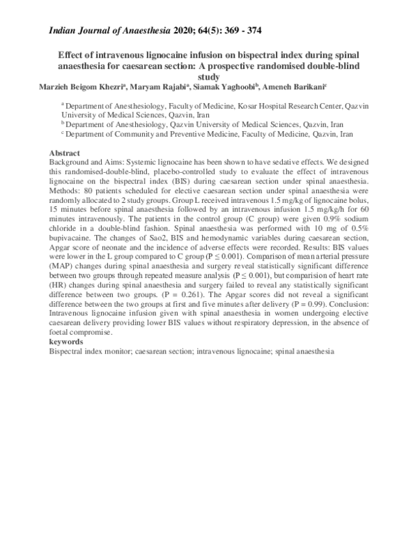 (PDF) Effect of intravenous lignocaine infusion on bispectral index ...