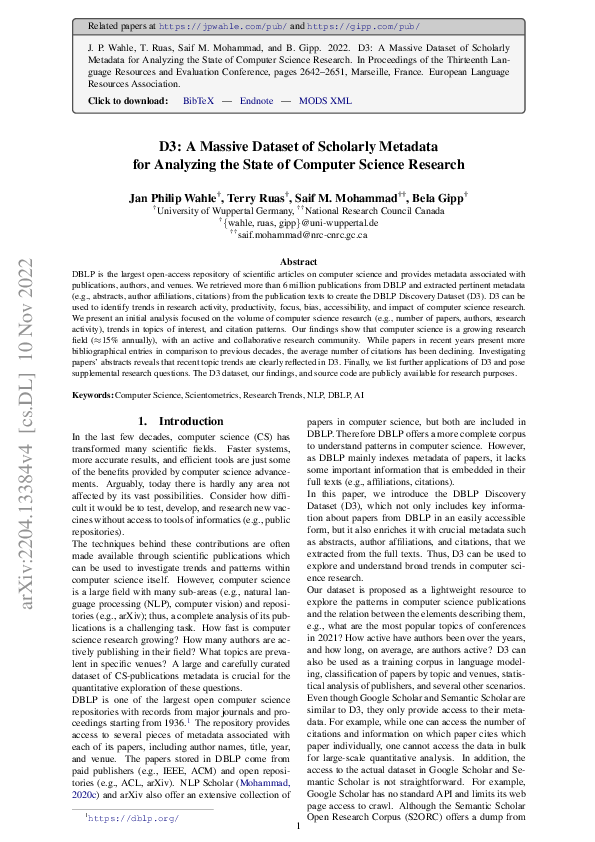(PDF) D3: A Massive Dataset of Scholarly Metadata for Analyzing the State of Computer Science ...