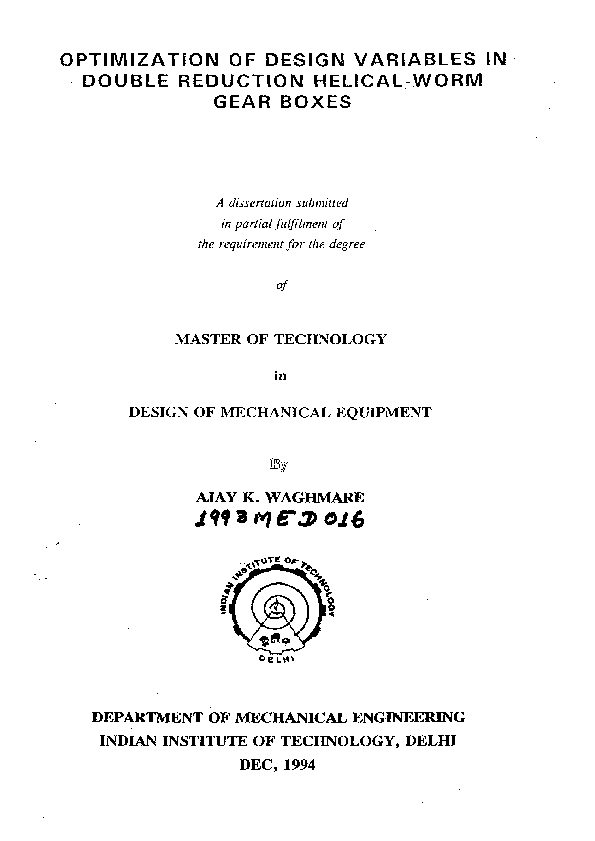 (PDF) Optimization of Design Variables in Double Reduction Helical-Worm Gear Boxes | ajay ...