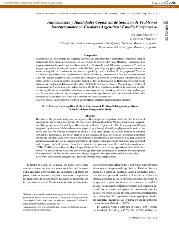 (PDF) Self - concept and cognitive skills in interpersonal problem solving in Argentinean school ...