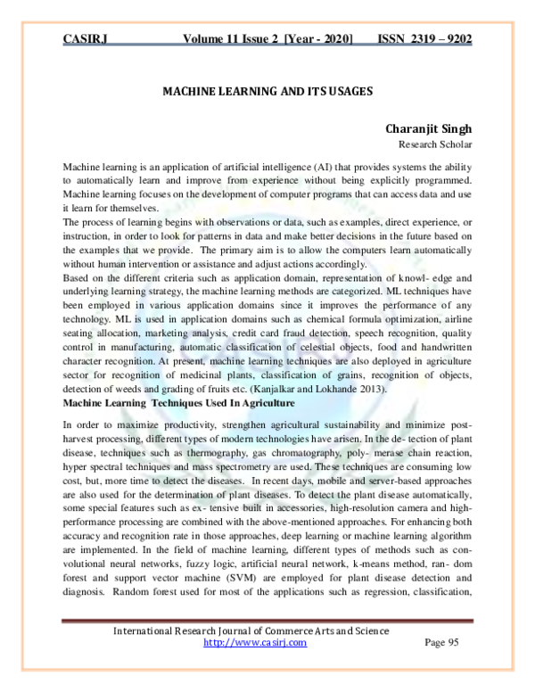 (PDF) MACHINE LEARNING AND ITS USAGES