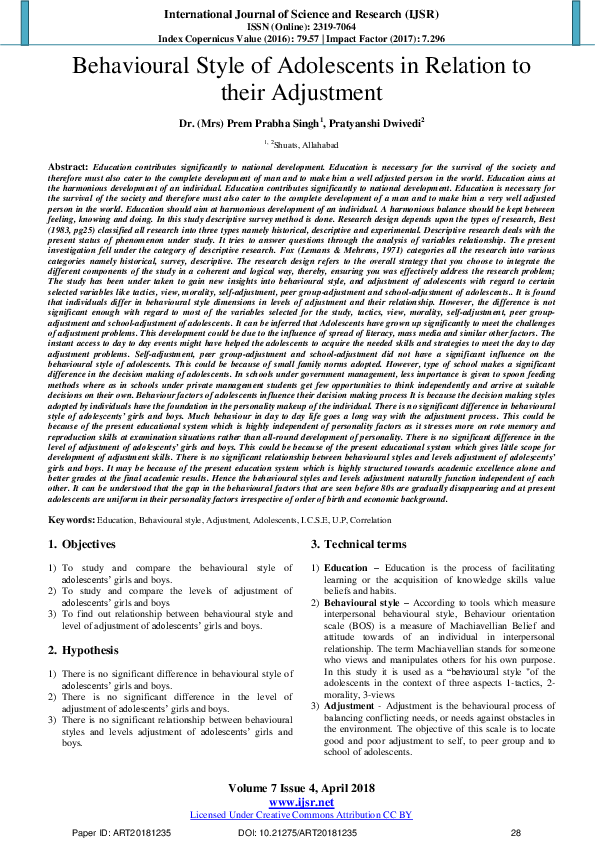 (PDF) Behavioural Style of Adolescents in Relation to their Adjustment
