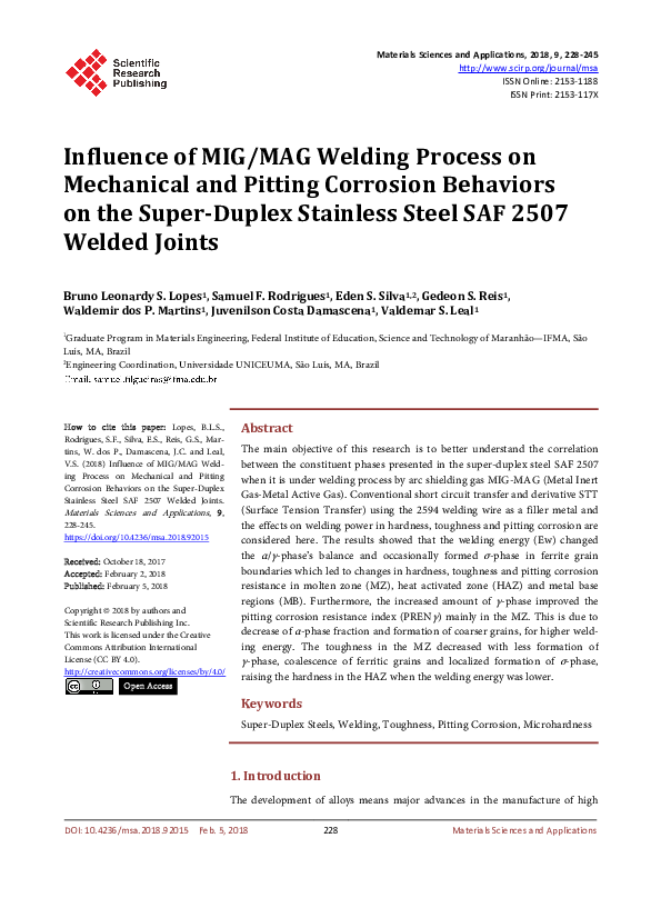 (PDF) Influence of MIG/MAG Welding Process on Mechanical and Pitting ...