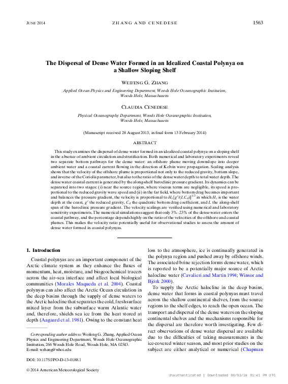 (PDF) The Dispersal of Dense Water Formed in an Idealized Coastal ...
