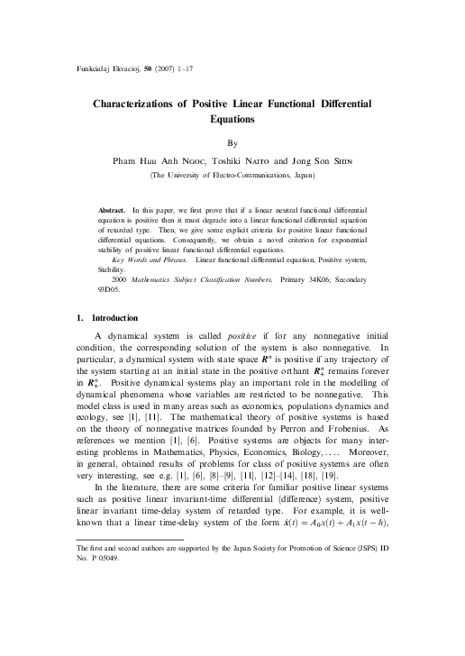 Pdf Characterizations Of Positive Linear Functional Differential Equations