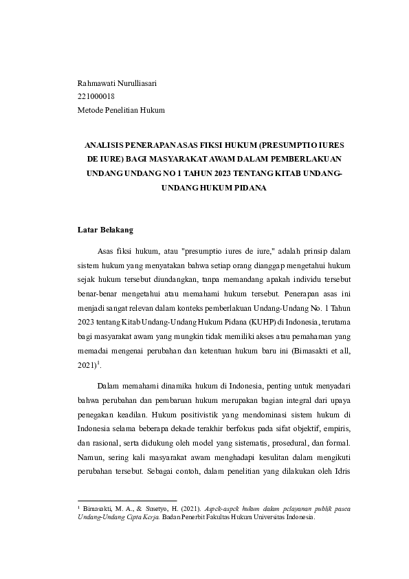 (PDF) ANALISIS PENERAPAN ASAS FIKSI HUKUM (PRESUMPTIO IURES DE IURE) BAGI MASYARAKAT AWAM DALAM ...