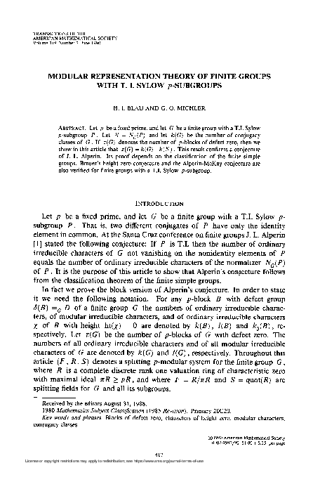 (PDF) Modular Representation of Groups with T.I. Sylow