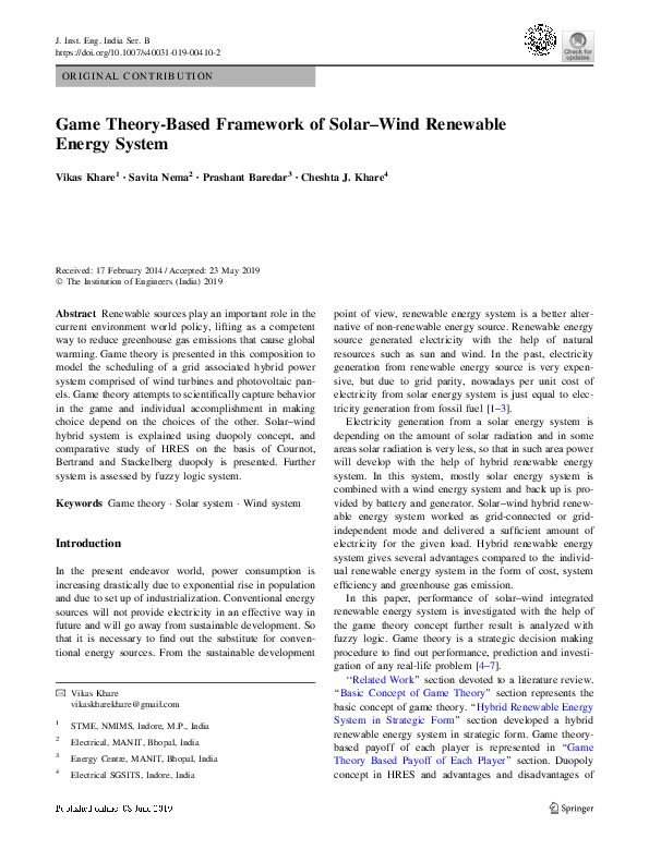 (PDF) Game Theory-Based Framework of Solar–Wind Renewable Energy System