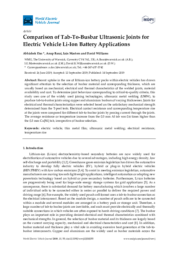 (PDF) Comparison of Tab-To-Busbar Ultrasonic Joints for Electric ...