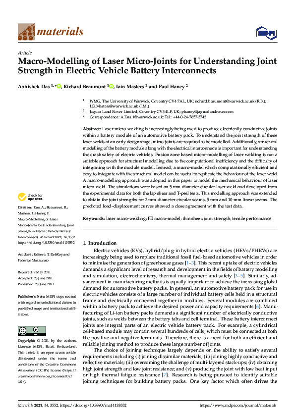 (PDF) Macro-Modelling of Laser Micro-Joints for Understanding Joint Strength in Electric Vehicle ...