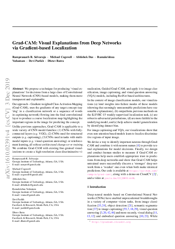 (PDF) Grad-CAM: Visual Explanations from Deep Networks via Gradient-Based Localization