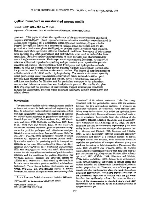 (PDF) Colloid transport in unsaturated porous media