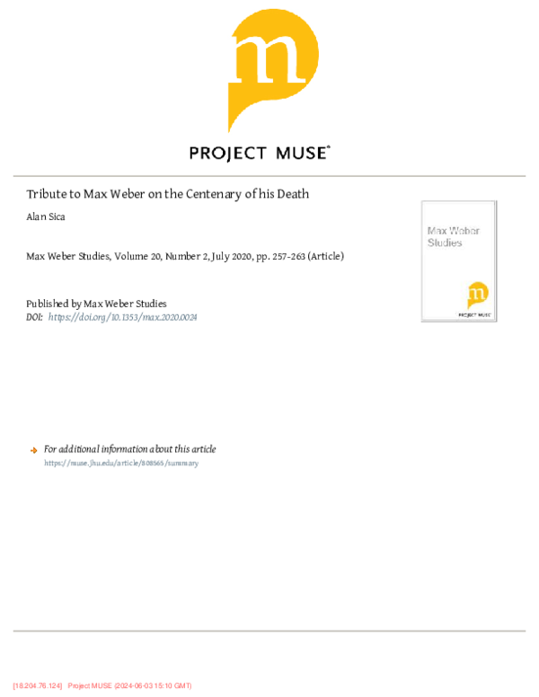 (PDF) Tribute to Max Weber on the Centenary of his Death