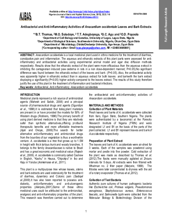(PDF) Antibacterial and Anti-Inflammatory Activities of Anacardium occidentale Leaves and Bark ...