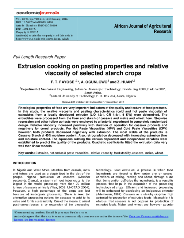 (PDF) Extrusion cooking on pasting properties and relative viscosity of ...