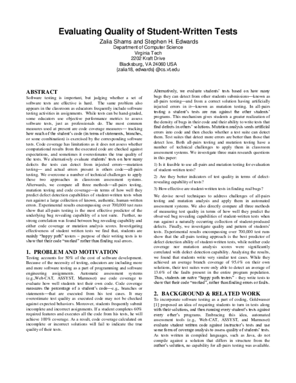 (PDF) Evaluating Quality of Student-Written Tests