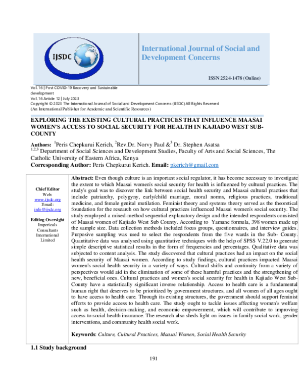 (PDF) Exploring the Existing Cultural Practices that Influence Maasai ...