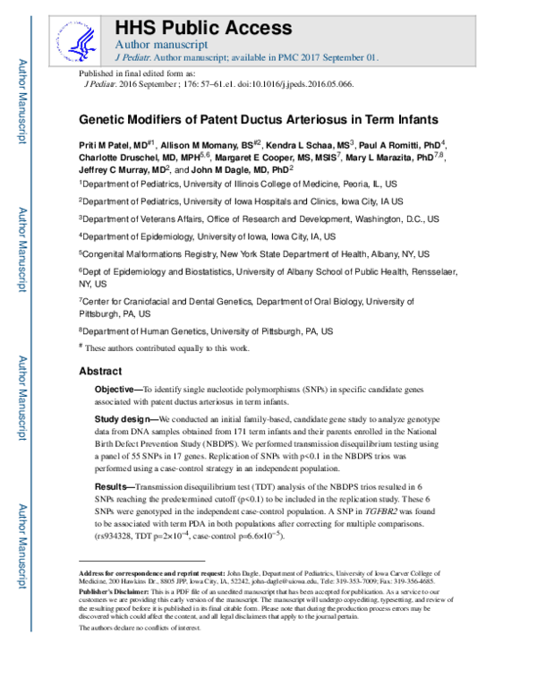 (PDF) Genetic Modifiers of Patent Ductus Arteriosus in Term Infants