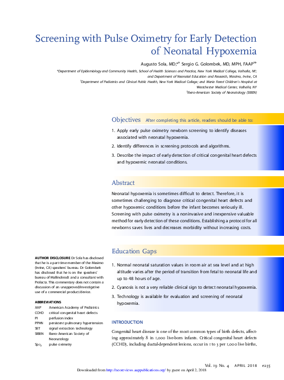 (PDF) Screening with Pulse Oximetry for Early Detection of Neonatal ...