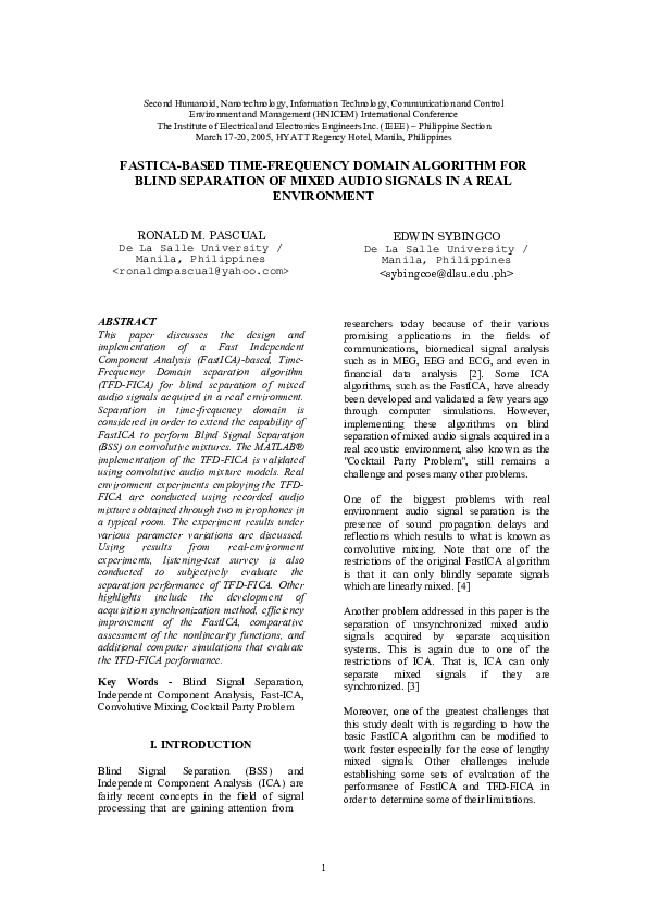 (PDF) Design and implementation of a FastICA-based time-frequency ...