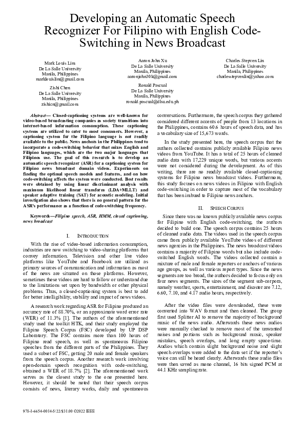 (PDF) Developing an Automatic Speech Recognizer For Filipino with ...