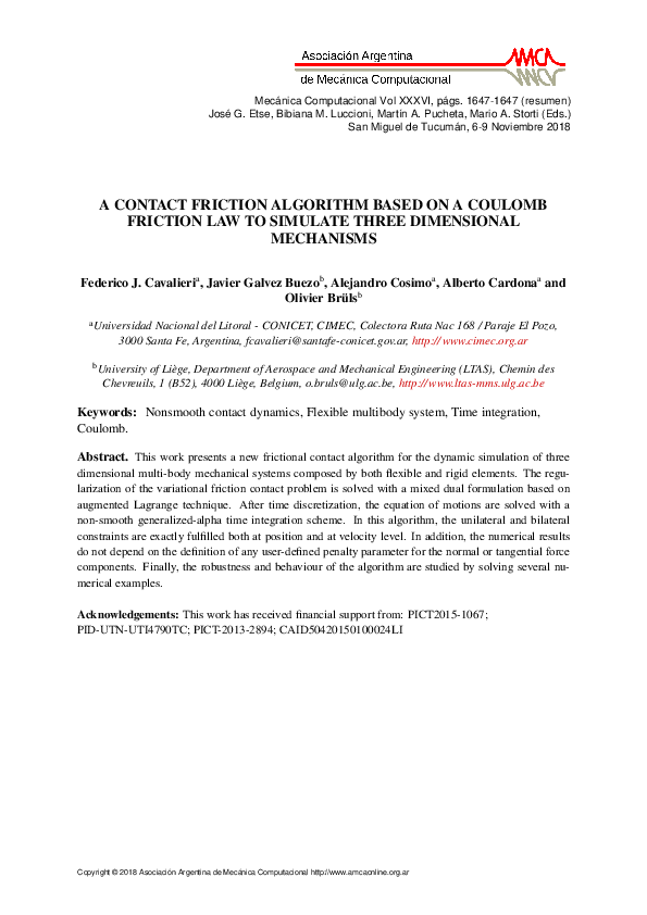 (PDF) A Contact Friction Algorithm Based on a Coulomb Friction Law to Simulate Three Dimensional ...