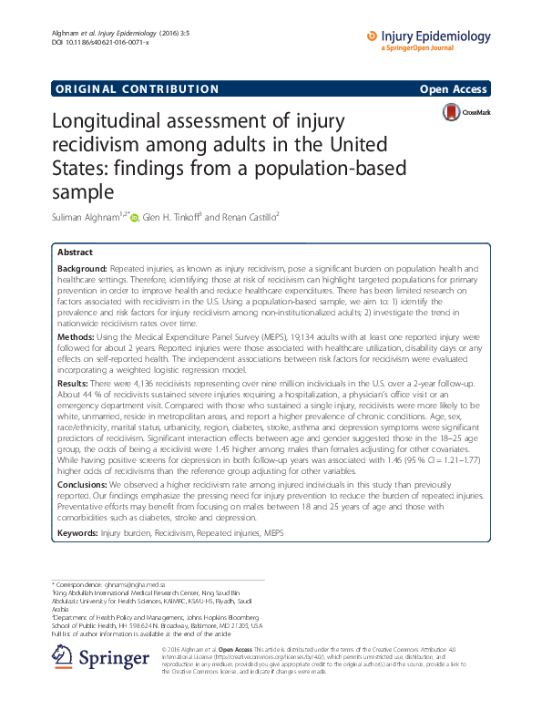 (PDF) Longitudinal assessment of injury recidivism among adults in the ...
