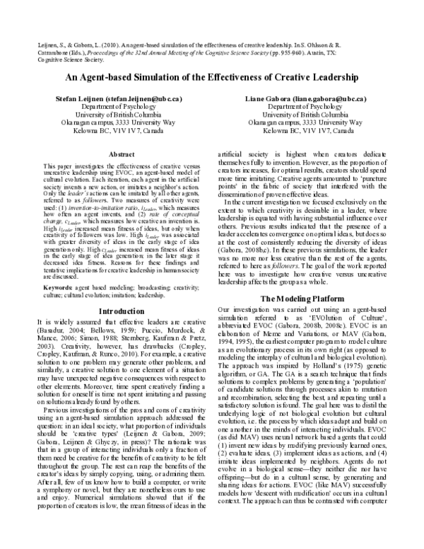 (PDF) An Agent-based Simulation of the Effectiveness of Creative Leadership