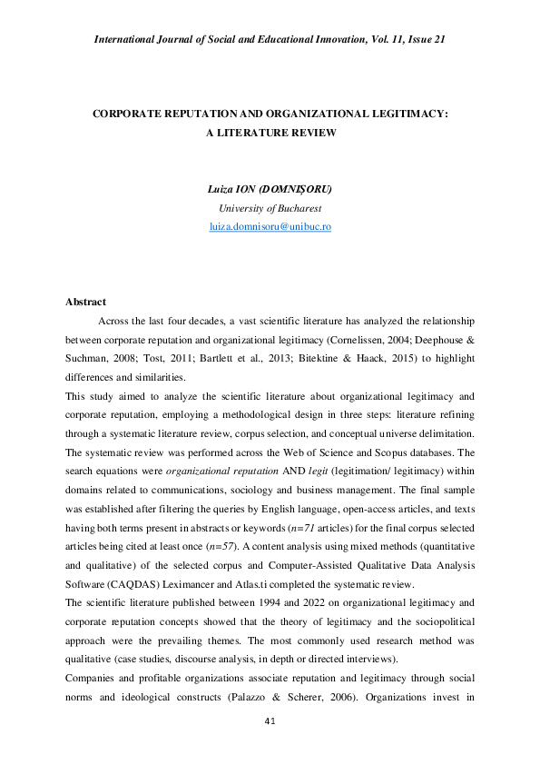 (PDF) CORPORATE REPUTATION AND ORGANIZATIONAL LEGITIMACY: A LITERATURE ...