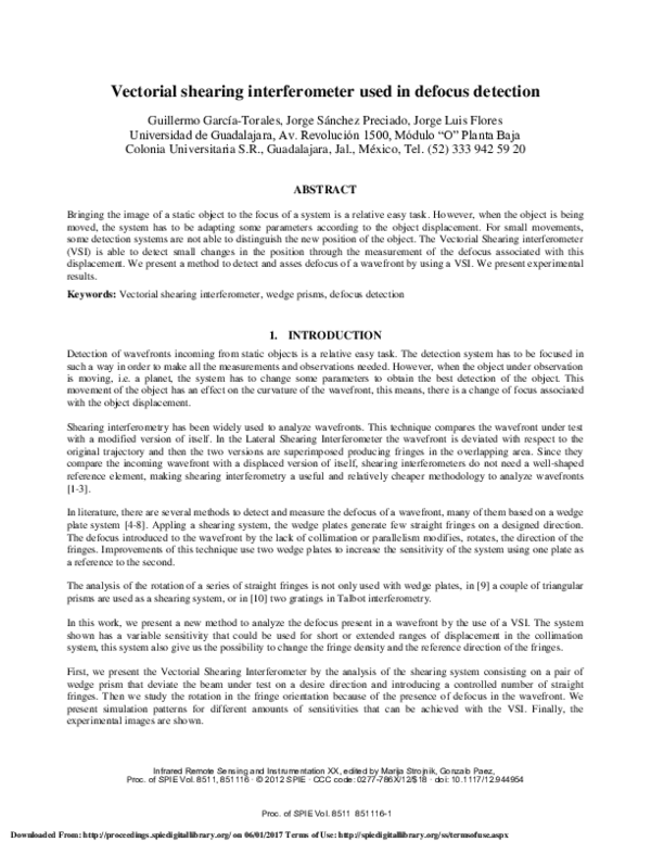 Pdf Vectorial Shearing Interferometer Used In Defocus Detection Guillermo Gt