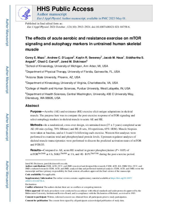 (PDF) The effects of acute aerobic and resistance exercise on mTOR ...