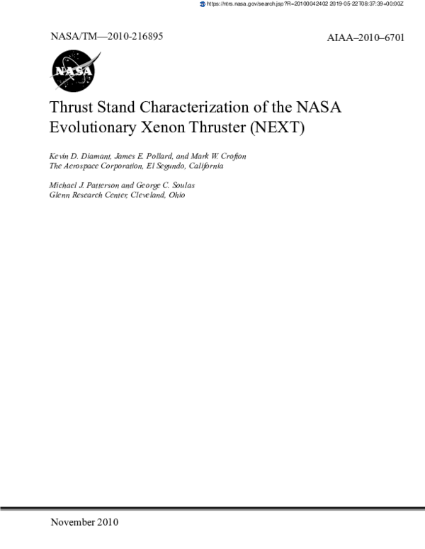 (PDF) Thrust Stand Characterization of the NASA Evolutionary Xenon Thruster