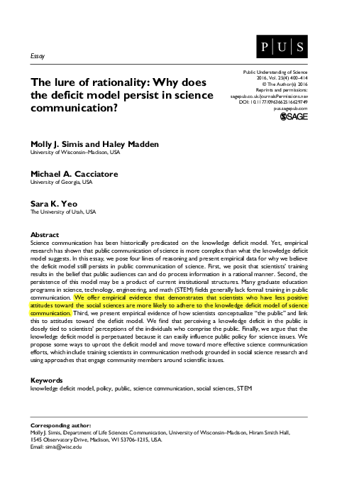 (PDF) The lure of rationality: Why does the deficit model persist in ...
