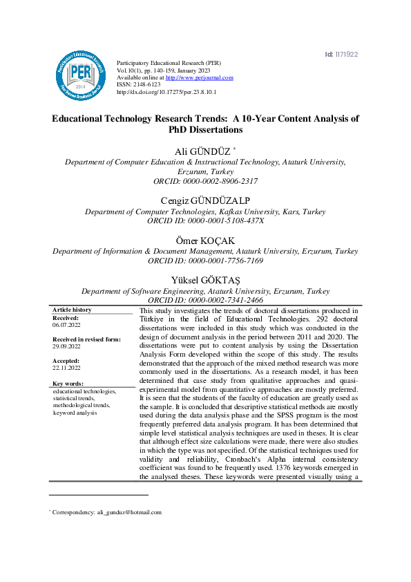 (PDF) Educational Technology Research Trends: A 10-Year Content Analysis of PhD Dissertations