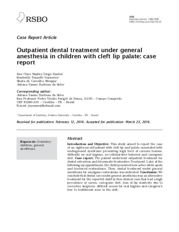 (PDF) Outpatient dental treatment under general anesthesia in children with cleft lip palate ...