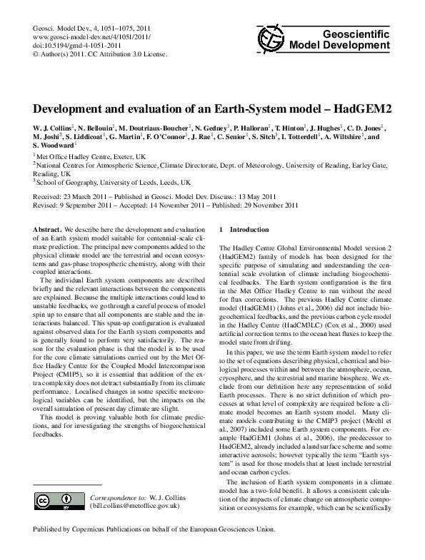 (PDF) Development and evaluation of an Earth-System model – HadGEM2