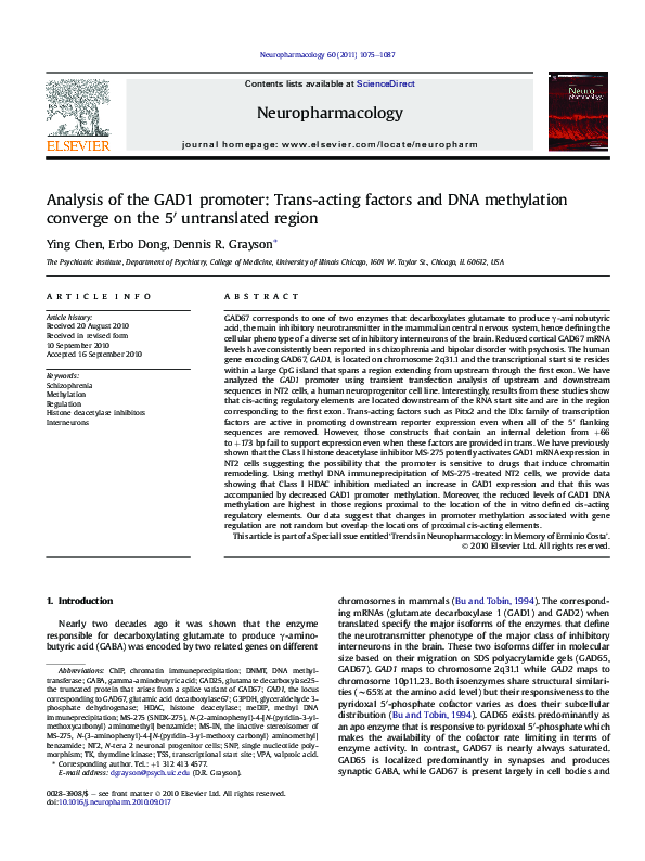 (PDF) Analysis of the GAD1 promoter: Trans-acting factors and DNA methylation converge on the 5 ...