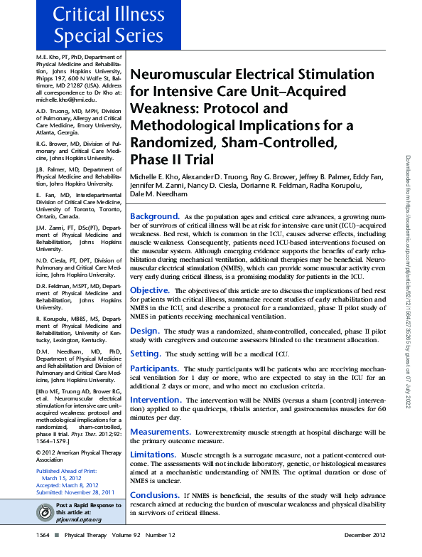 (PDF) Neuromuscular Electrical Stimulation for Intensive Care Unit–Acquired Weakness: Protocol ...