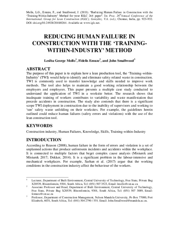 (PDF) Reducing Human Failure in Construction With the ‘Training Within ...