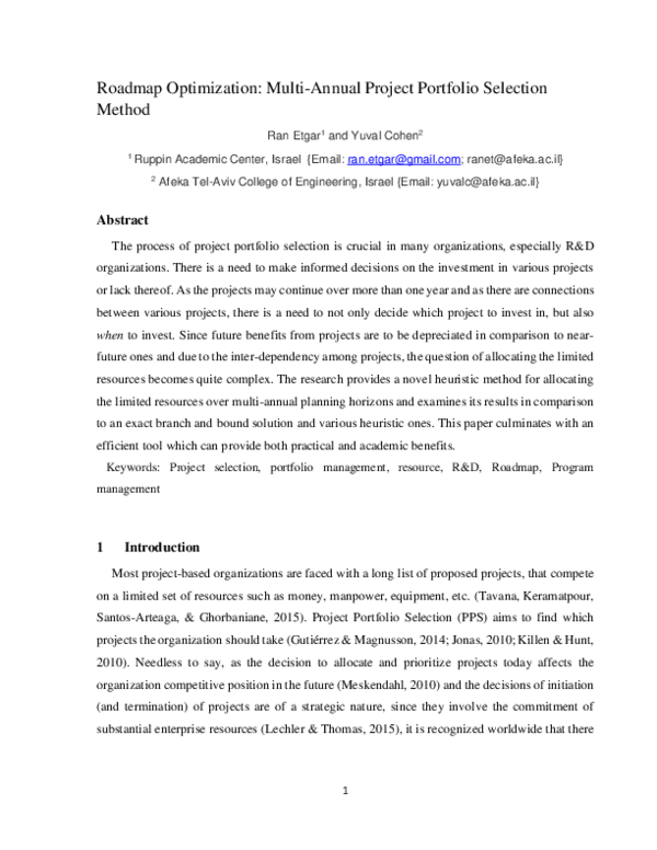 Pdf Preprint Roadmap Optimization Multi Annual Project Portfolio Selection Method