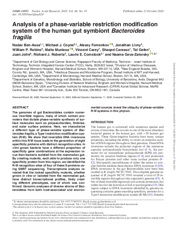 (PDF) Analysis of a phase-variable restriction modification system of ...